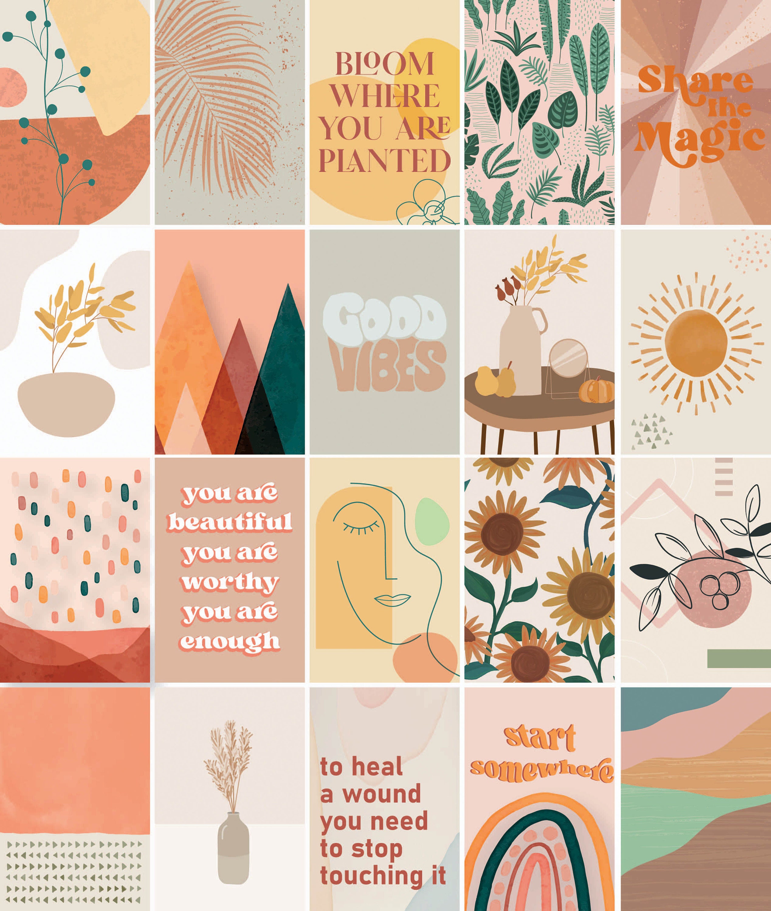 100 Pcs Boho Pastel Colors Wall Collage Kit Green and Brown - Etsy