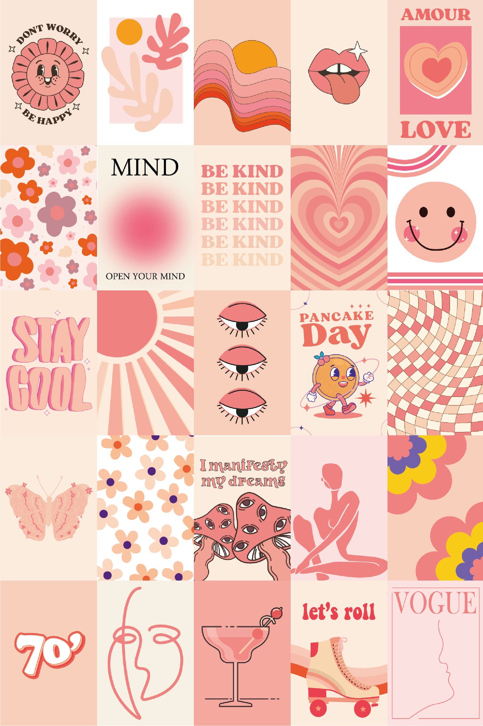 100 Pcs Pinktastic Funky Retro Wall Collage Kit, Aesthetic Pink Prints ...