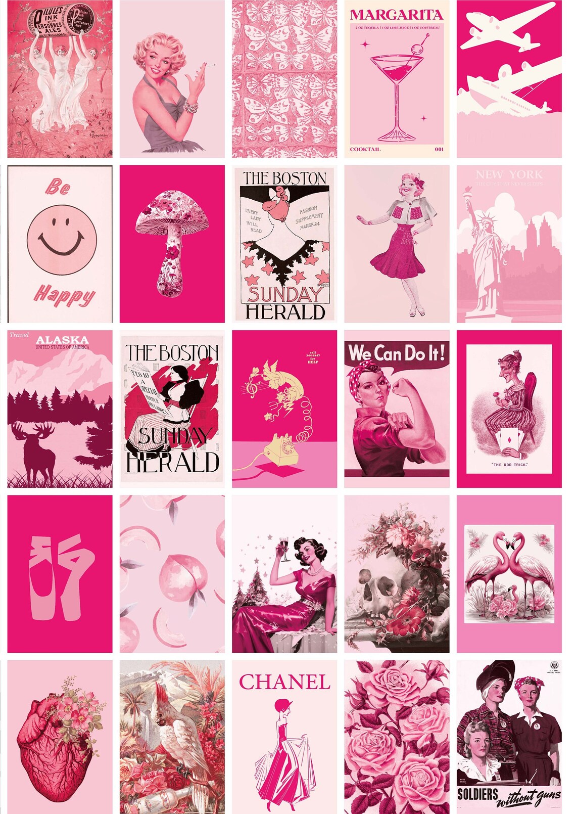 100 Pcs Vintage Preppy Pink Wall Collage Aesthetic Vintage Posters ...