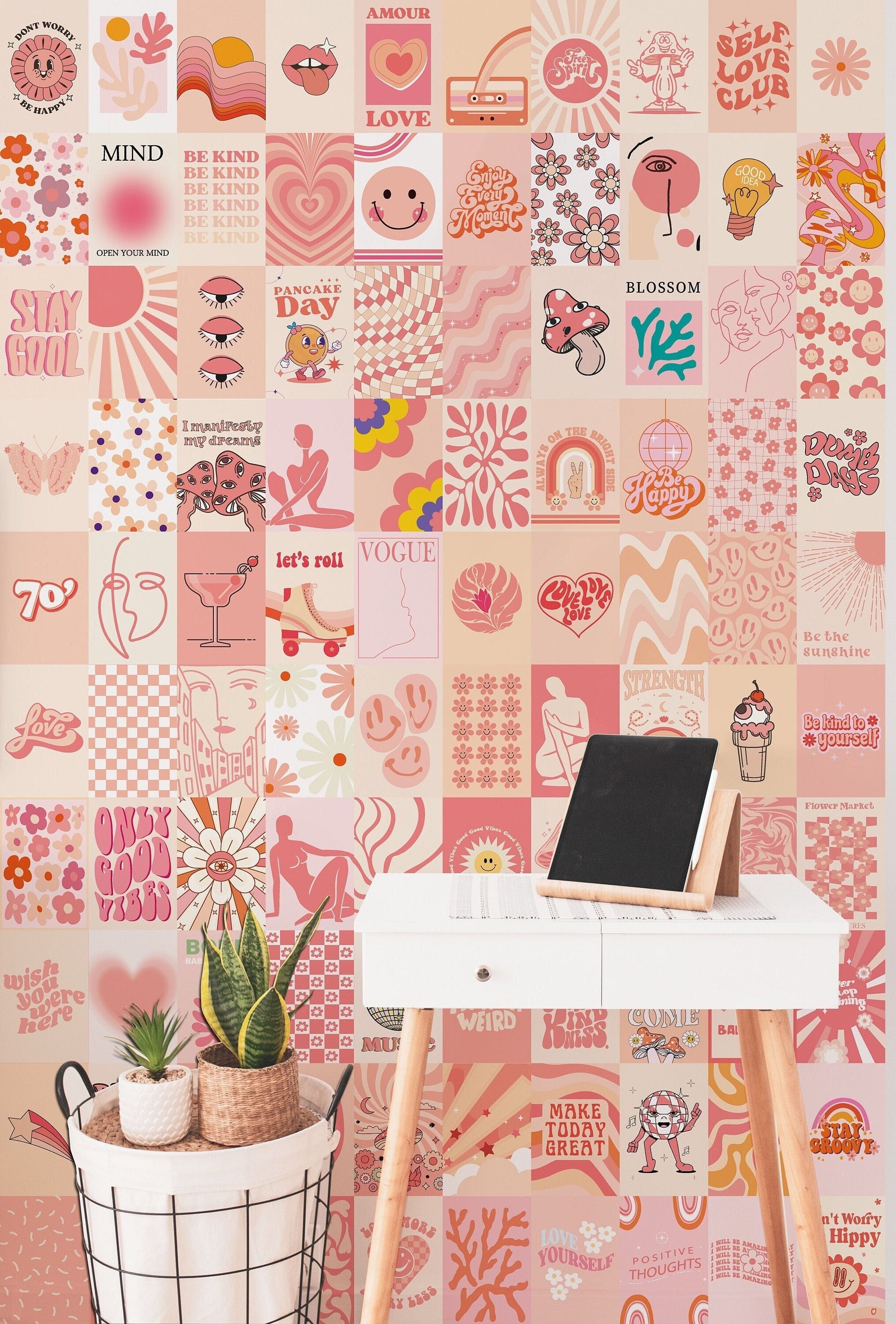 100 Pcs Pinktastic Funky Retro Wall Collage Kit, Aesthetic Pink Prints ...