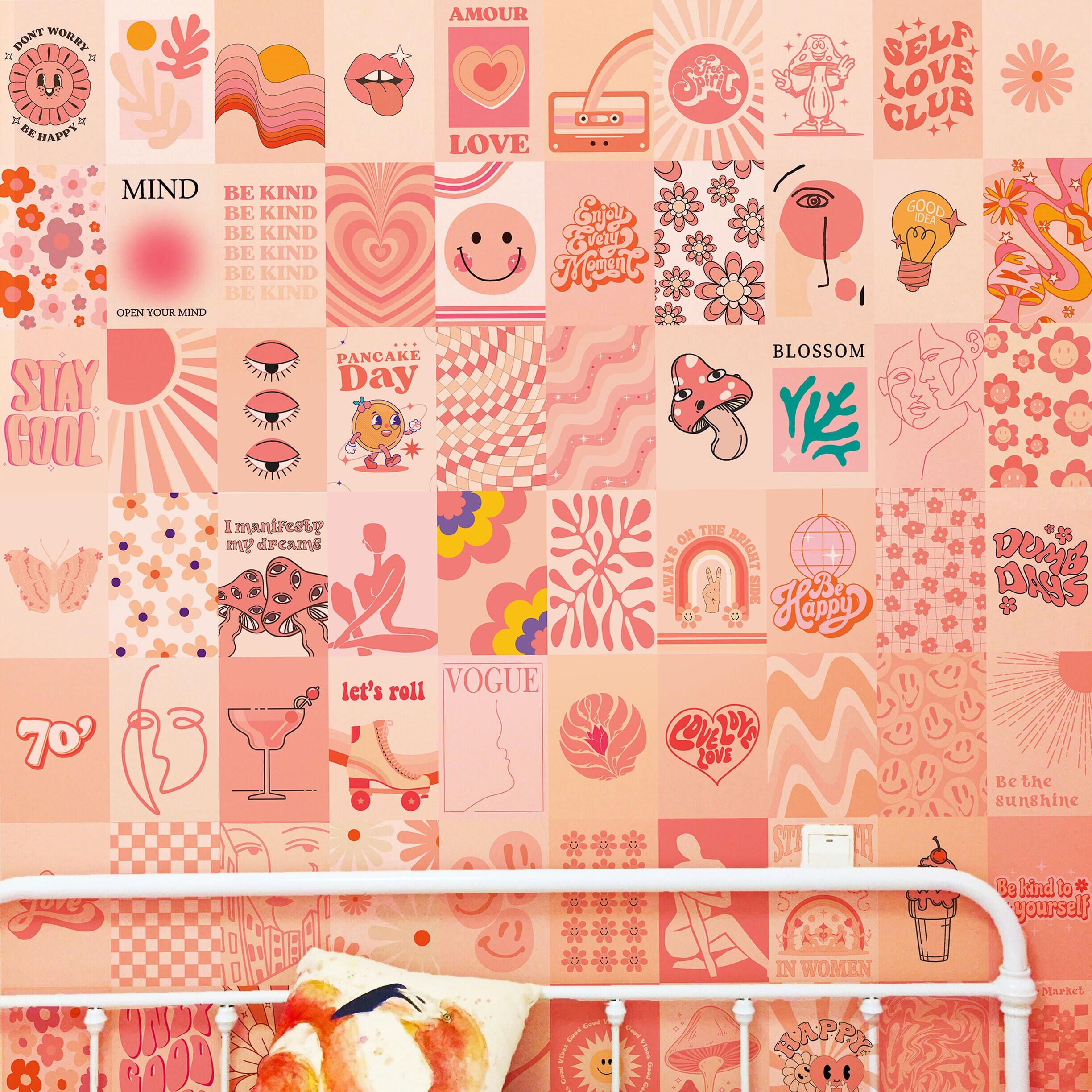 100 Pcs Pinktastic Funky Retro Wall Collage Kit, Aesthetic Pink Prints ...