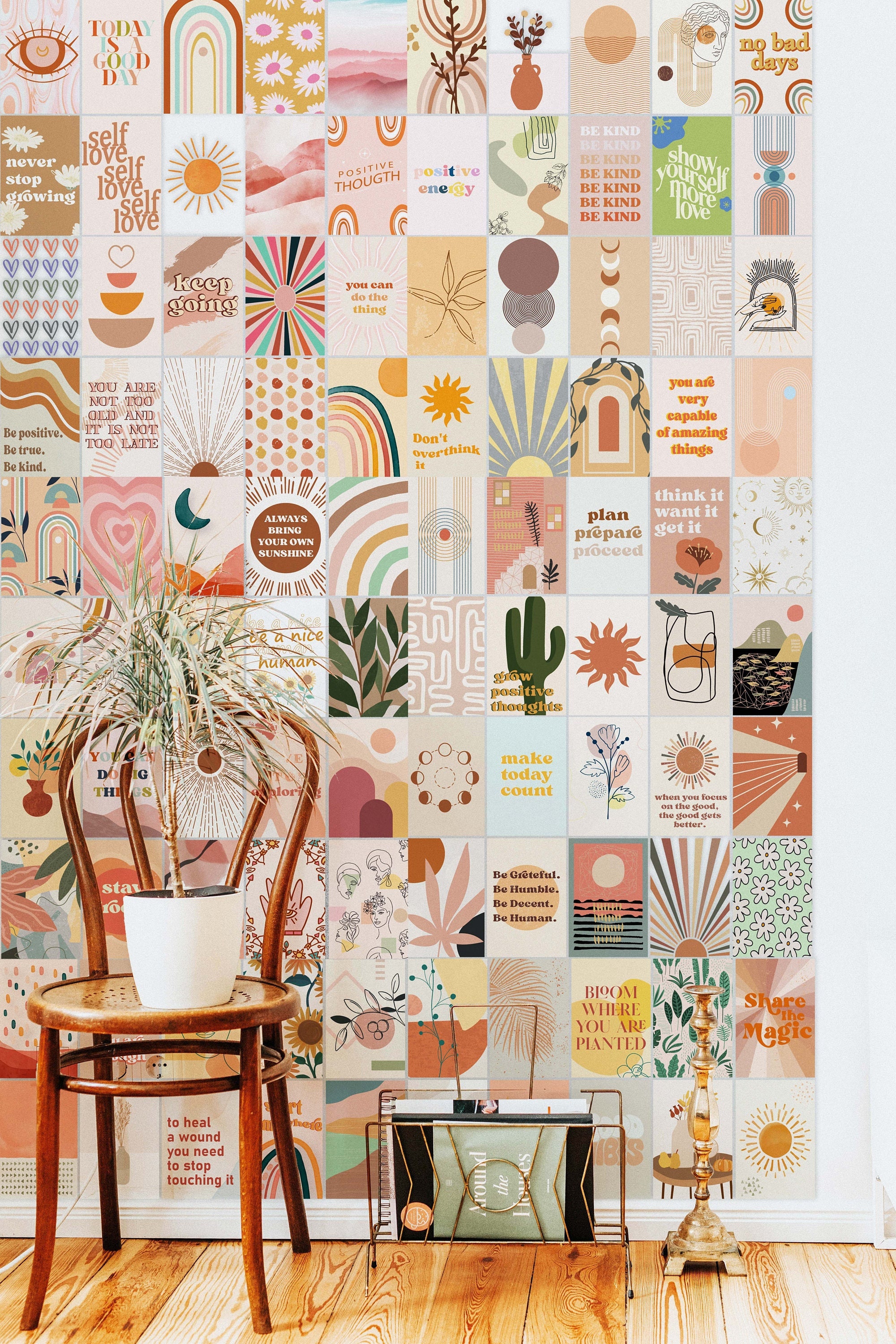 100 Pcs Boho Pastel Colors Wall Collage Kit Green and Brown - Etsy