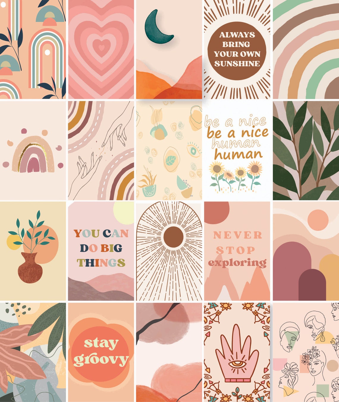 100 Pcs Boho Pastel Colors Wall Collage Kit Green and Brown - Etsy