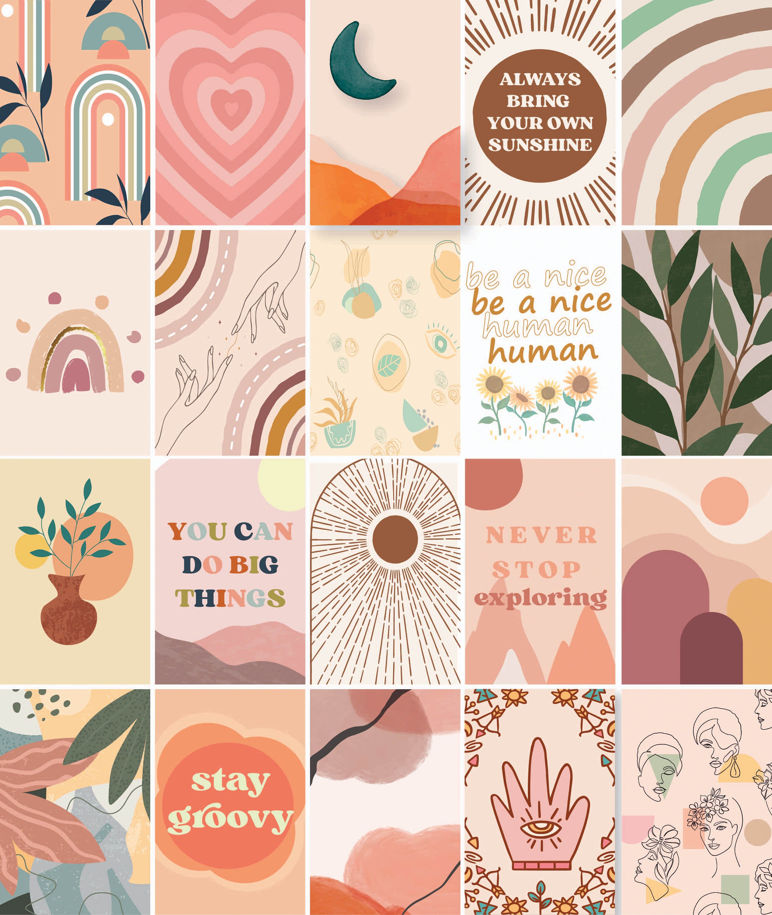 100 Pcs Boho Pastel Colors Wall Collage Kit Green and Brown - Etsy