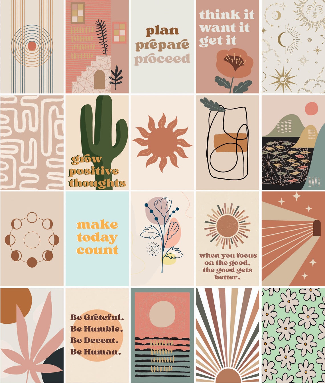 100 Pcs Boho Pastel Colors Wall Collage Kit Green and Brown - Etsy