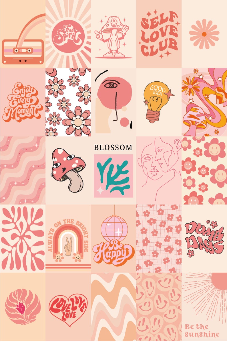 100 Pcs Pinktastic Funky Retro Wall Collage Kit, Aesthetic Pink Prints ...