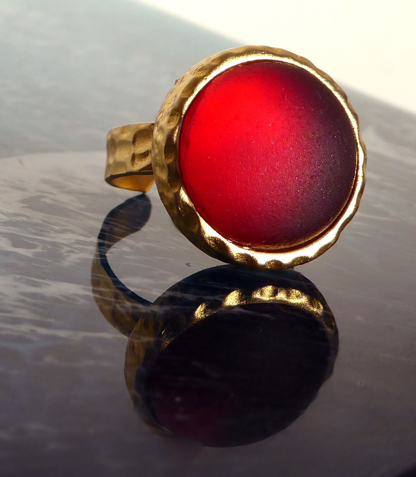 Large Ring With Red Sea Glass, Gold-colored, Adjustable - Etsy