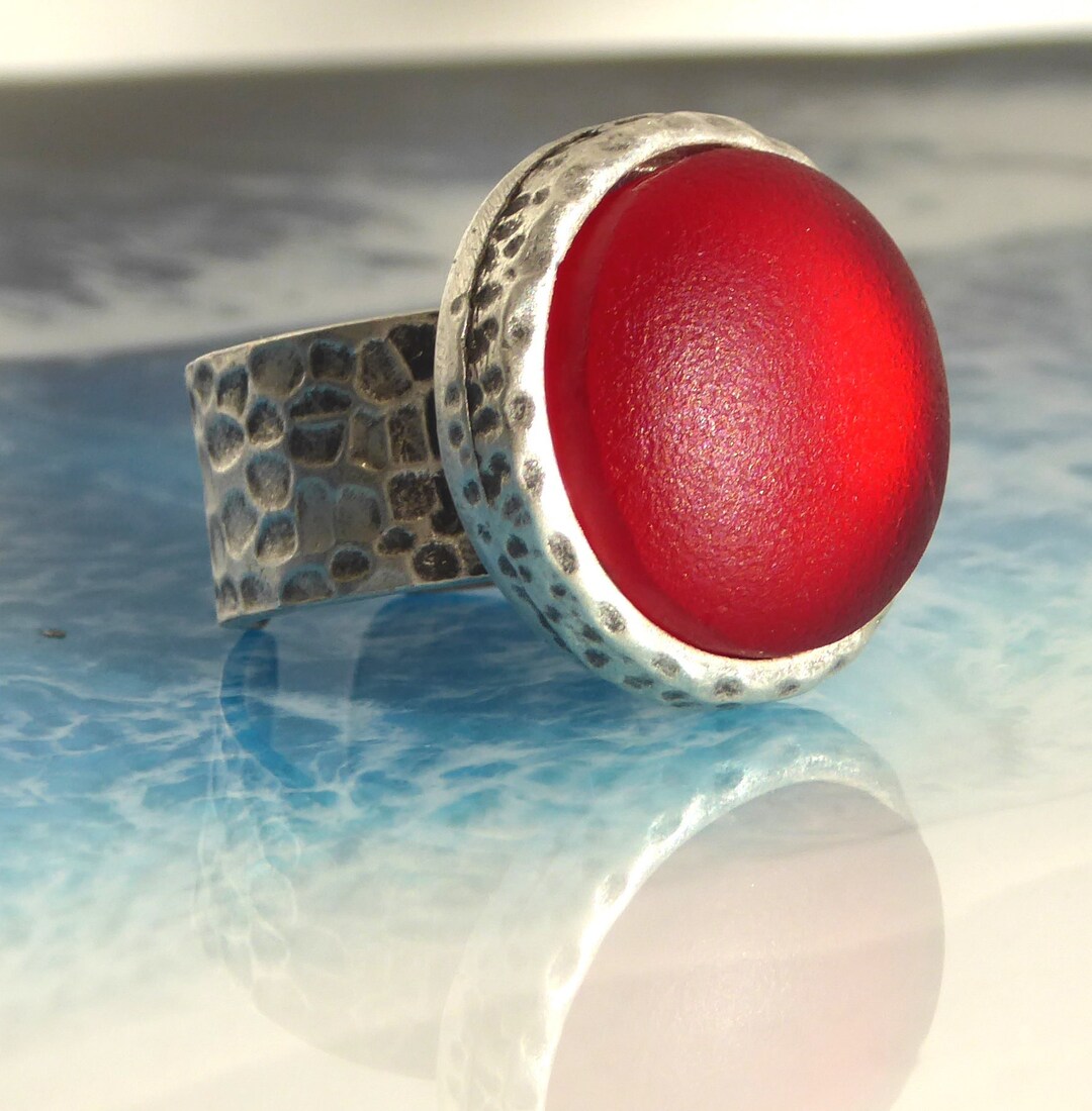 Large Ring With Red Sea Glass, Silver-colored, Adjustable - Etsy