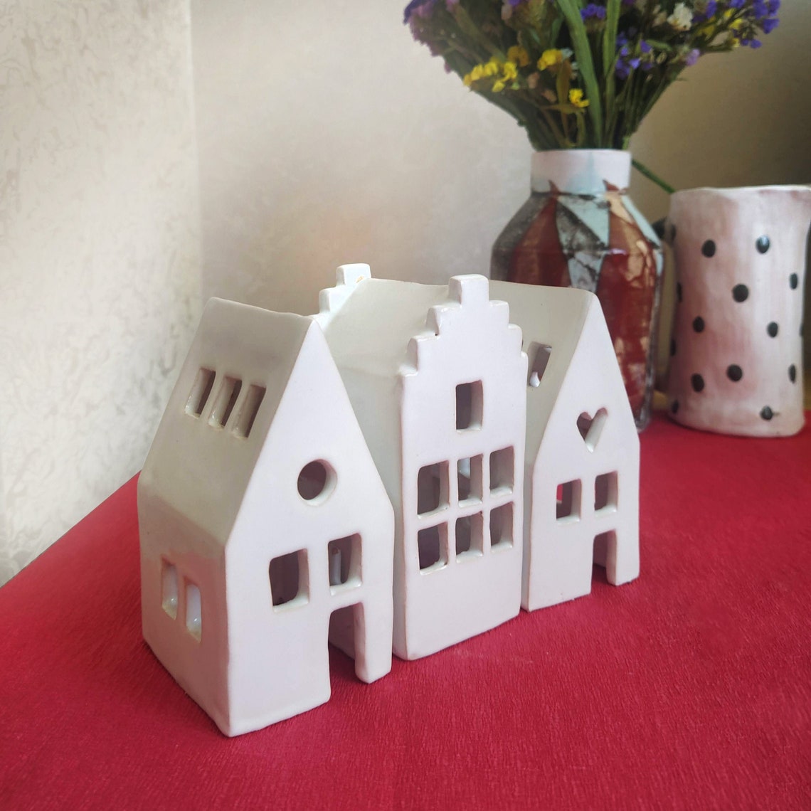 Set of 3 White Ceramic Candle Houses / Handmade Ceramic and - Etsy