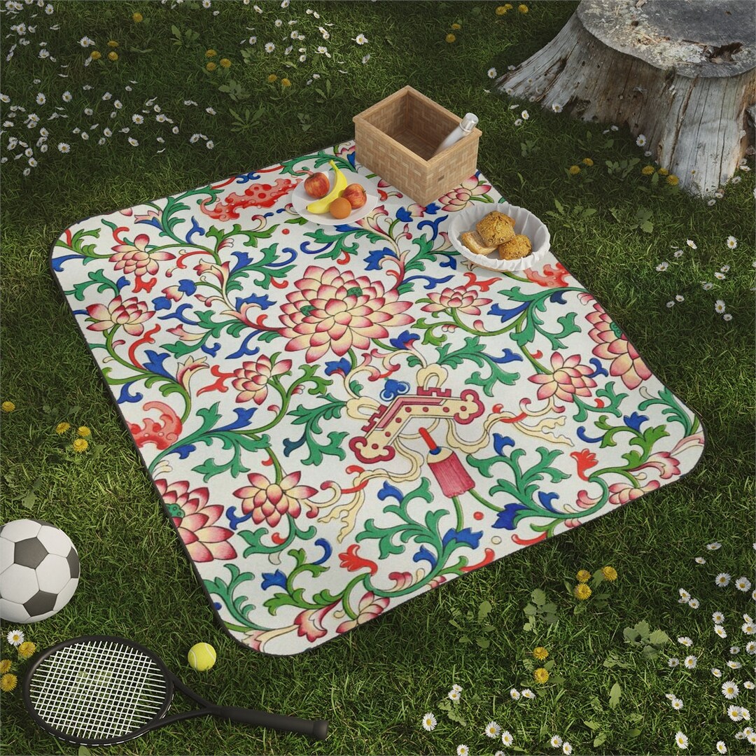 Boho Picnic Blanket, Chinese Pattern, White Picnic Blanket, Floral ...