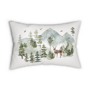 Forest Pillow, Deer Decor, Forest Decor, Nature Watercolor, Green ...