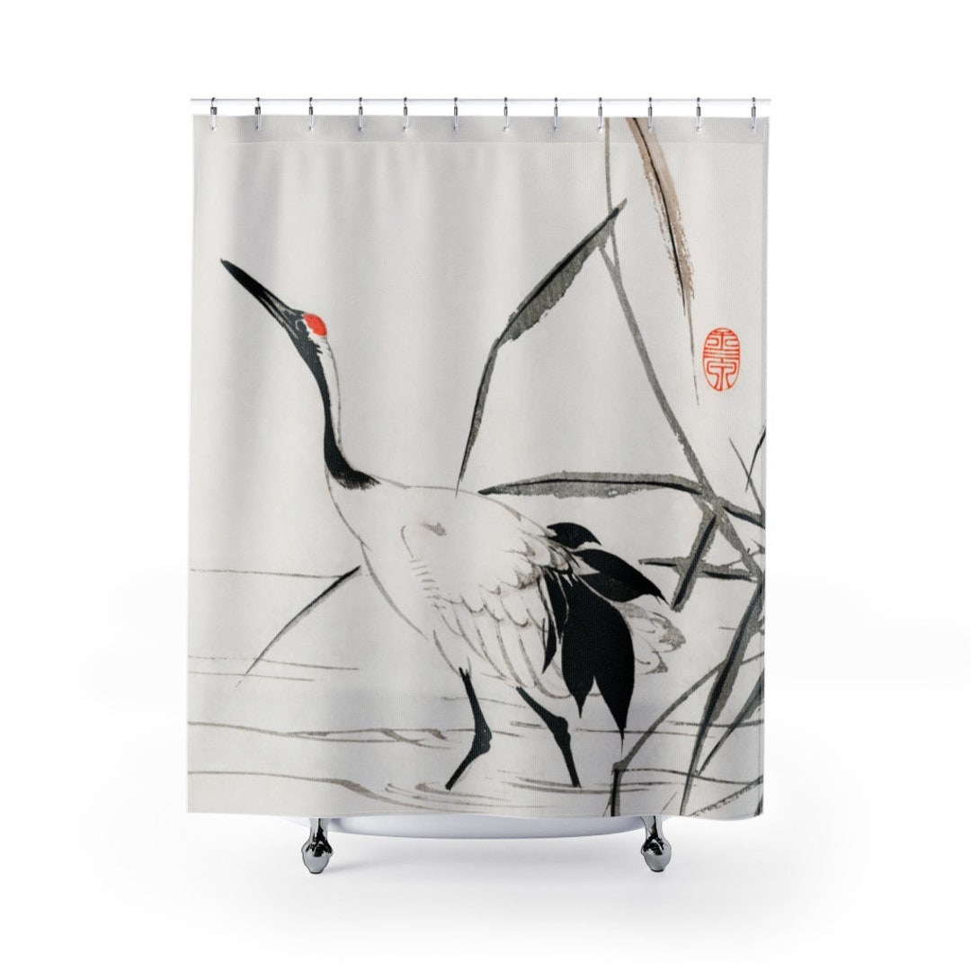 Crane Shower Curtain, White Shower Curtain, Japanese Bathroom, Bird ...