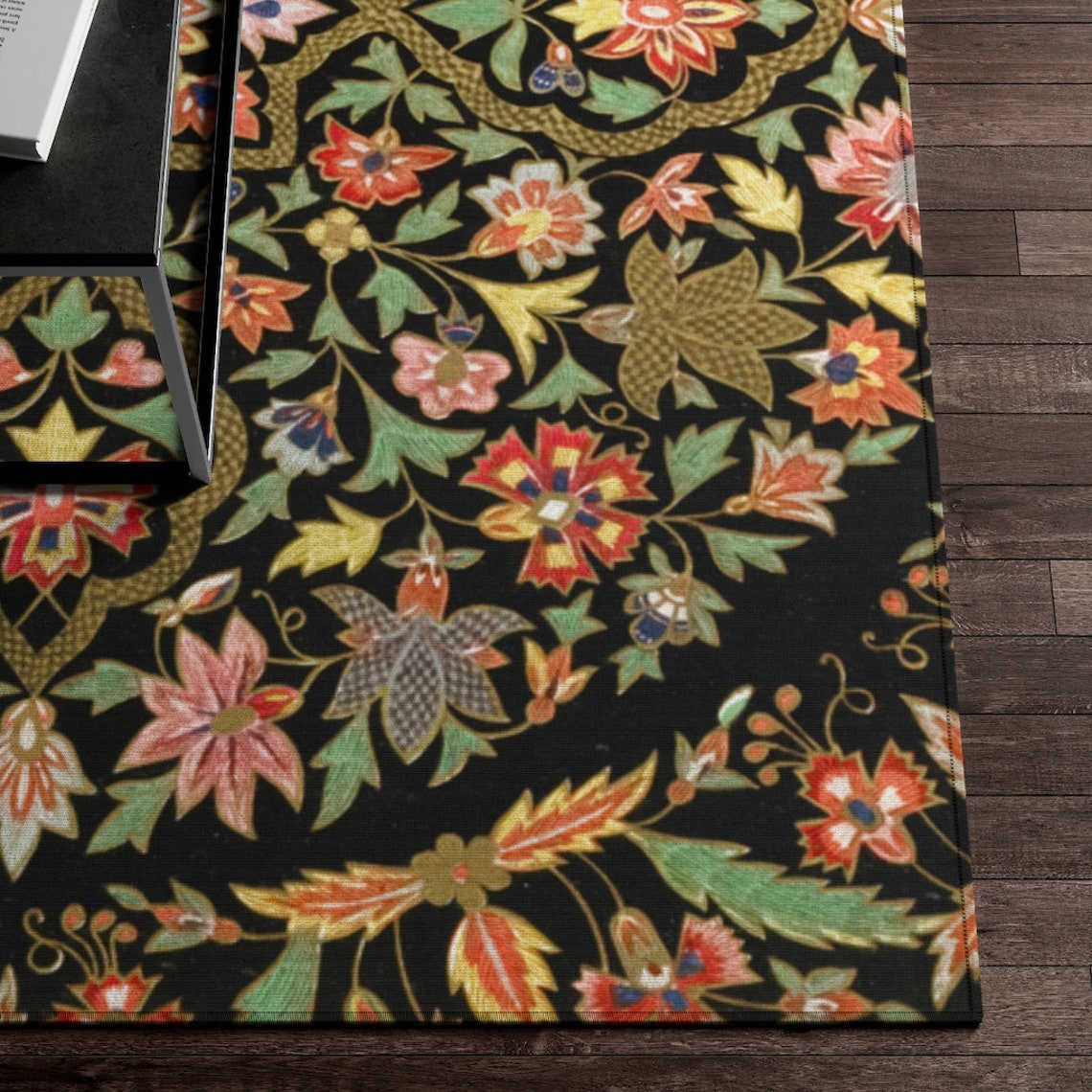 Black Area Rug Floral Rug Cottagecore Rug Mandala Rug | Etsy