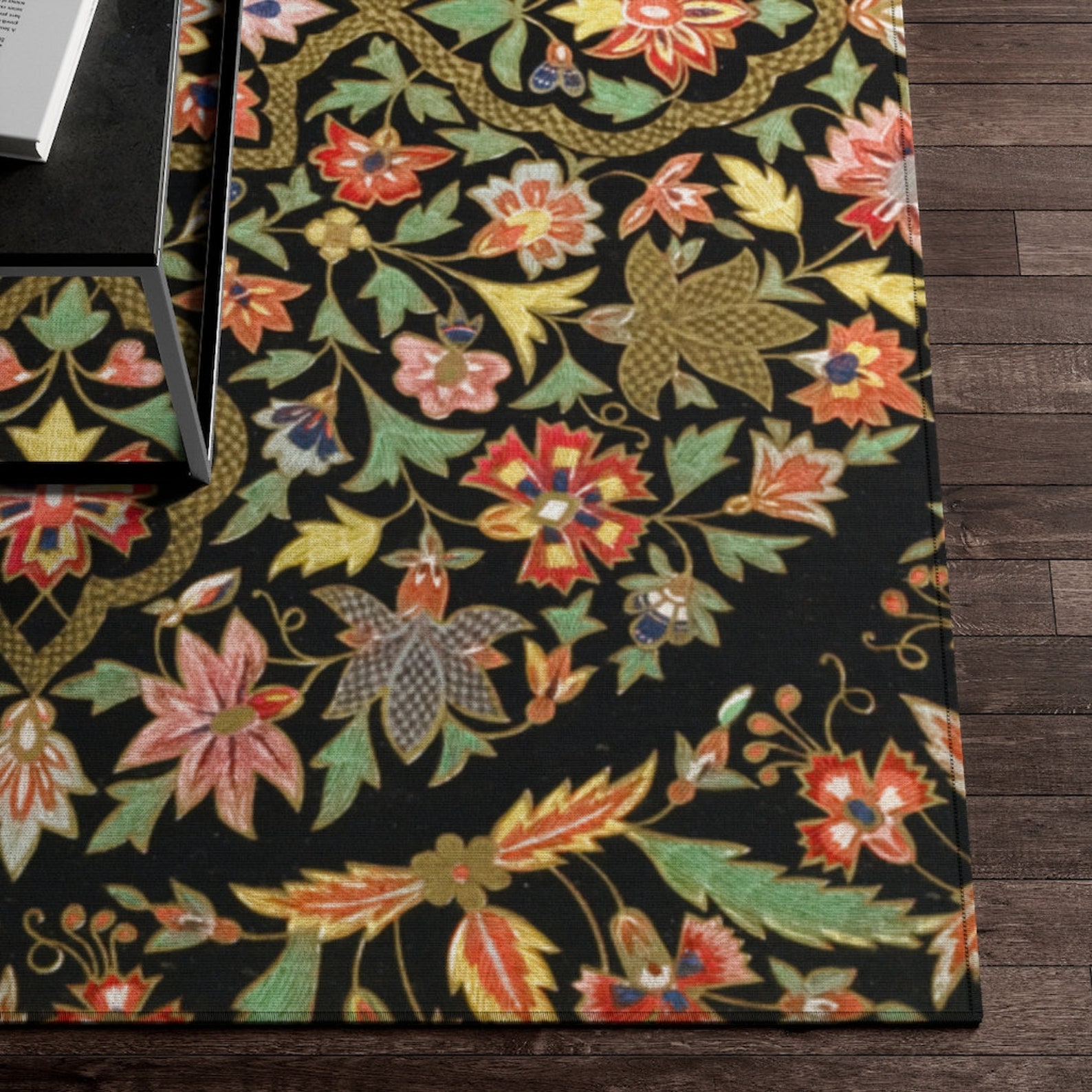 Black Area Rug Floral Rug Cottagecore Rug Mandala Rug - Etsy