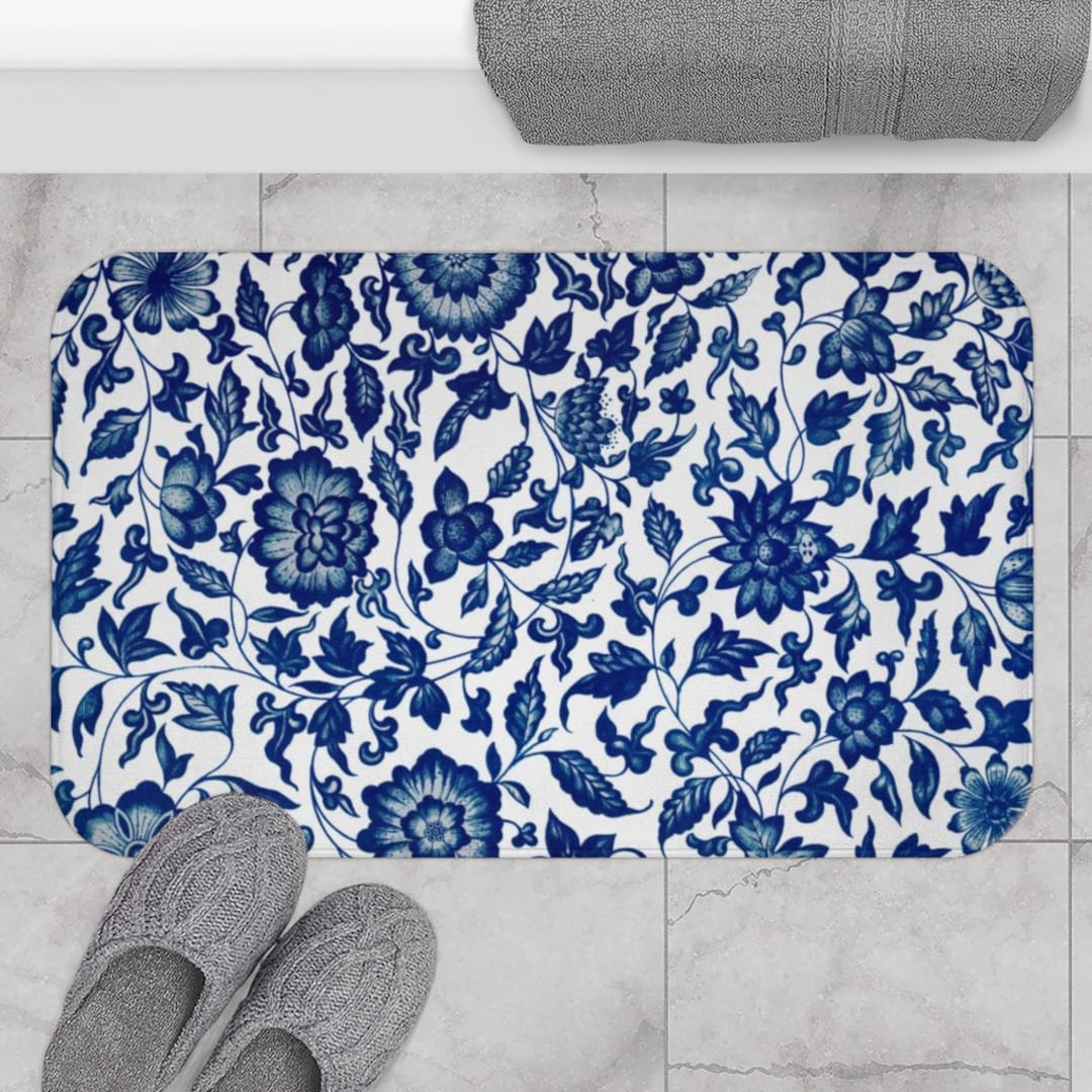 Blue Bath Mat, White Bath Mat, Floral Bath Mat, Botanical Decor, Floral ...