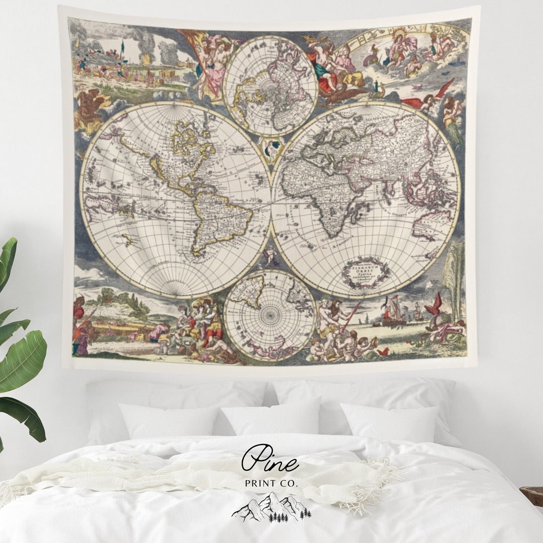 World Map, Map Tapestry, World Tapestry, Vintage Tapestry, Map Wall ...