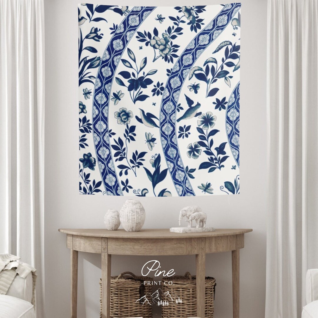 Blue Tapestry, Chinoiserie Art, Blue Wall Art, Botanical Tapestry ...