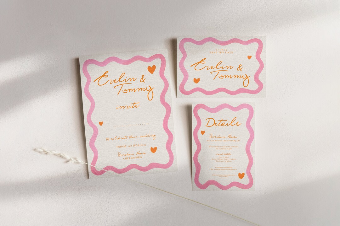 Wedding Invitation Set Hand Painted Squiggle Illustration Wavy Edge ...