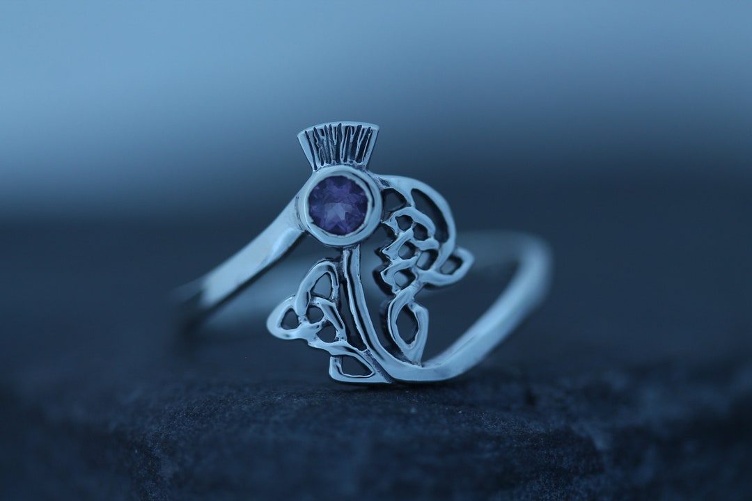 Scottish Thistle Ring - Celtic Woven Leaf With Cut Amethyst ...
