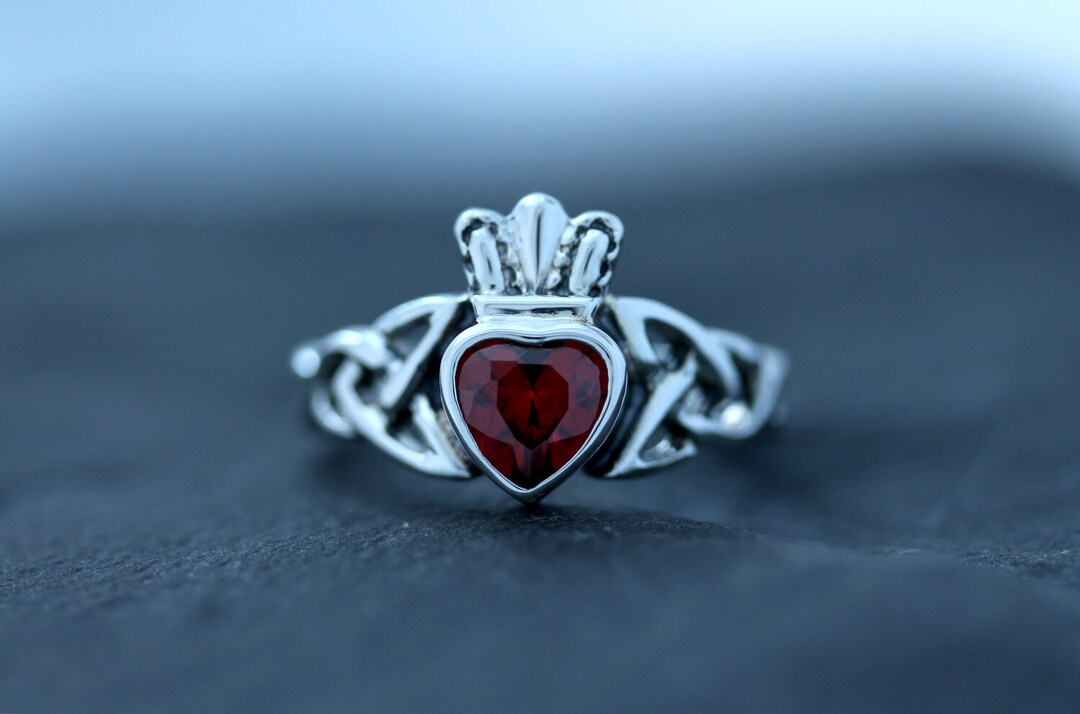 Claddagh Ring- Trinity Knot With Royal Crown With Red Zircon-hallmarked ...