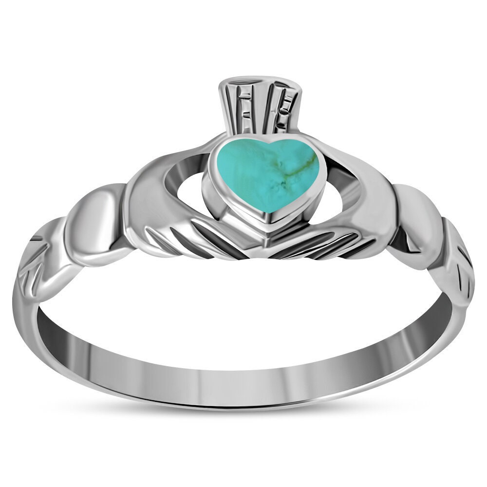 Claddagh Ring flat Royal Crown With Turquoise Stone Love | Etsy