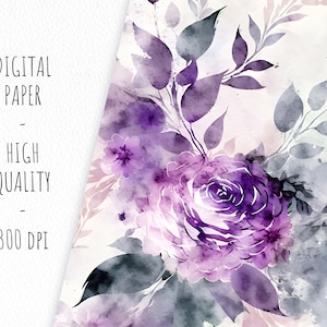 Purple Floral Digital Paper, Abstract Purple Flowers Watercolor Wedding ...