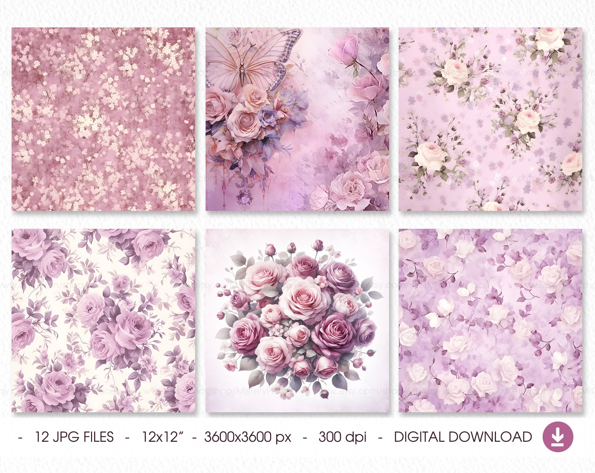 Mauve Floral Watercolor Digital Paper, Abstract Pastel Purple Shabby ...