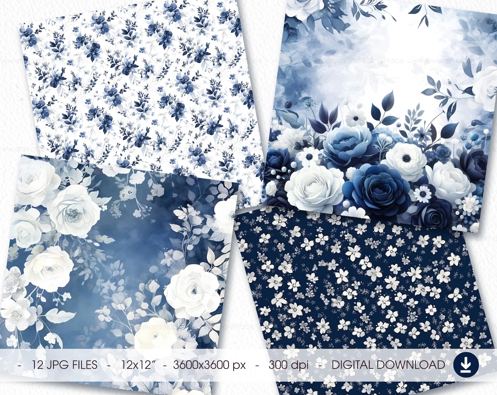 Navy Blue Floral Digital Paper: Watercolor Scrapbook Backgrounds (12x12 ...