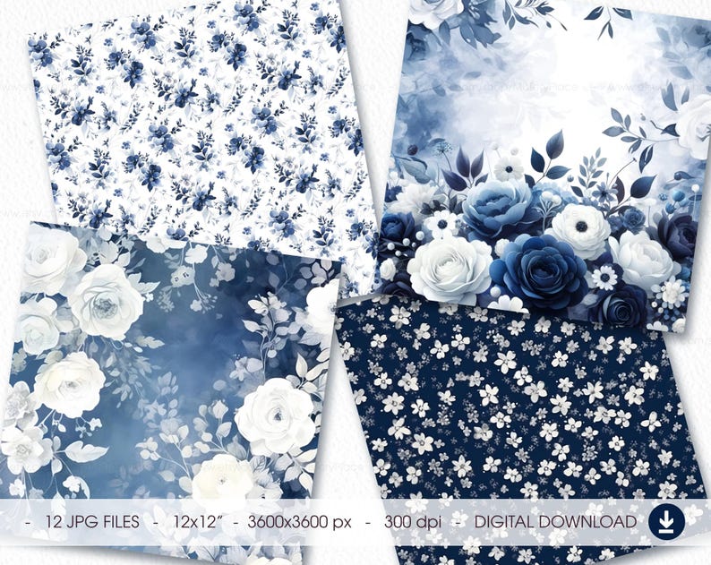 Navy Blue Floral Digital Paper: Watercolor Scrapbook Backgrounds (12x12 ...