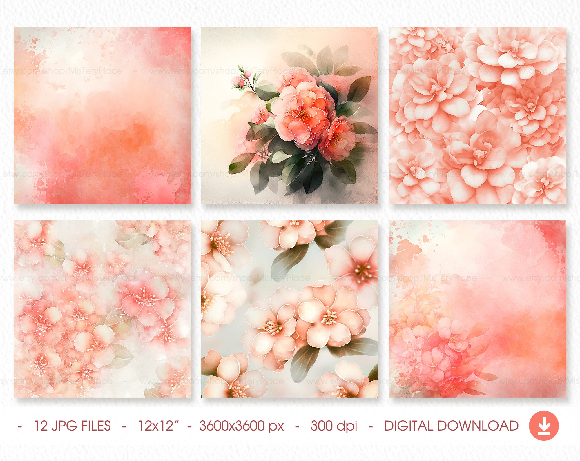 Coral Pink Floral Watercolor Digital Paper, Abstract Pastel Pink ...