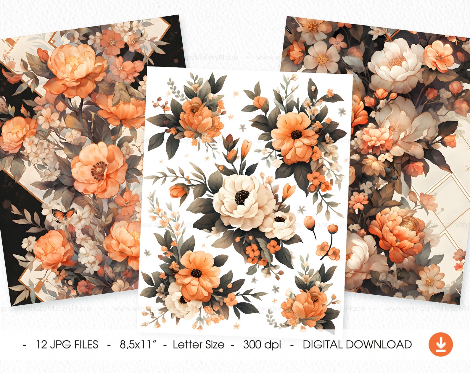 Halloween Floral Digital Paper, Fall Black and Orange Floral Pattern ...