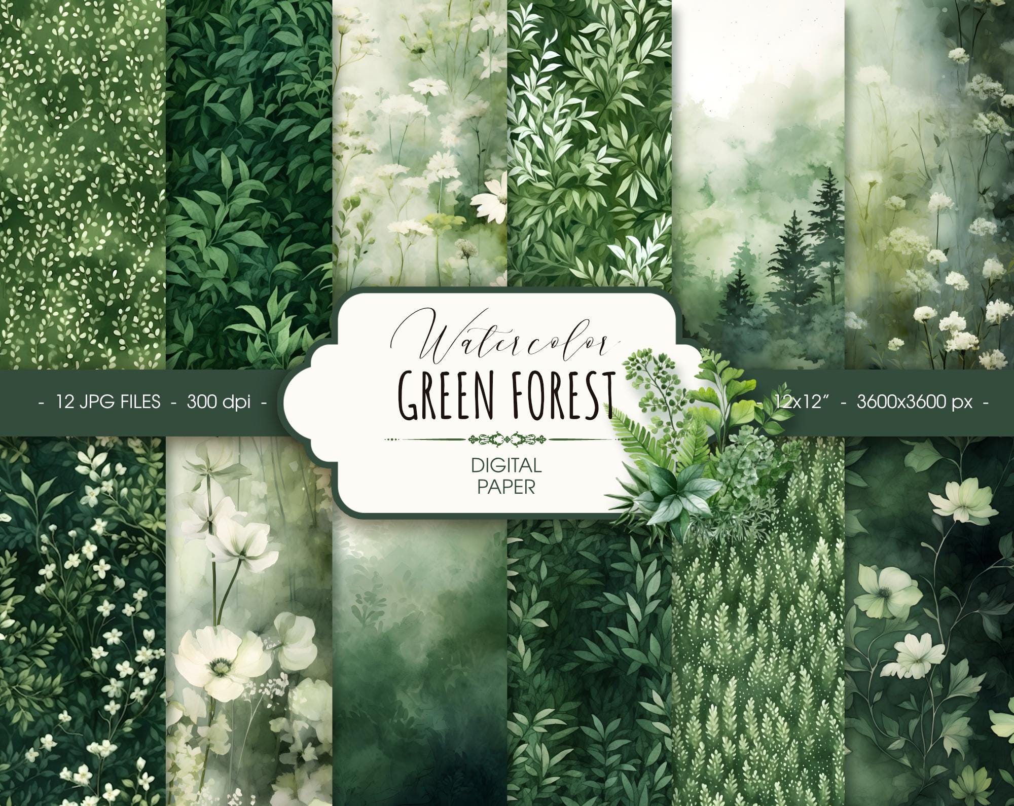 Green Forest Watercolor Paper: Abstract Floral Scrapbook Backgrounds ...