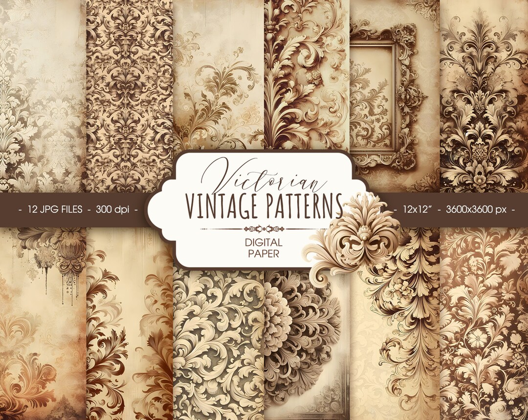 Vintage Victorian Pattern Digital Paper, Distressed Brown Shabby Chic ...