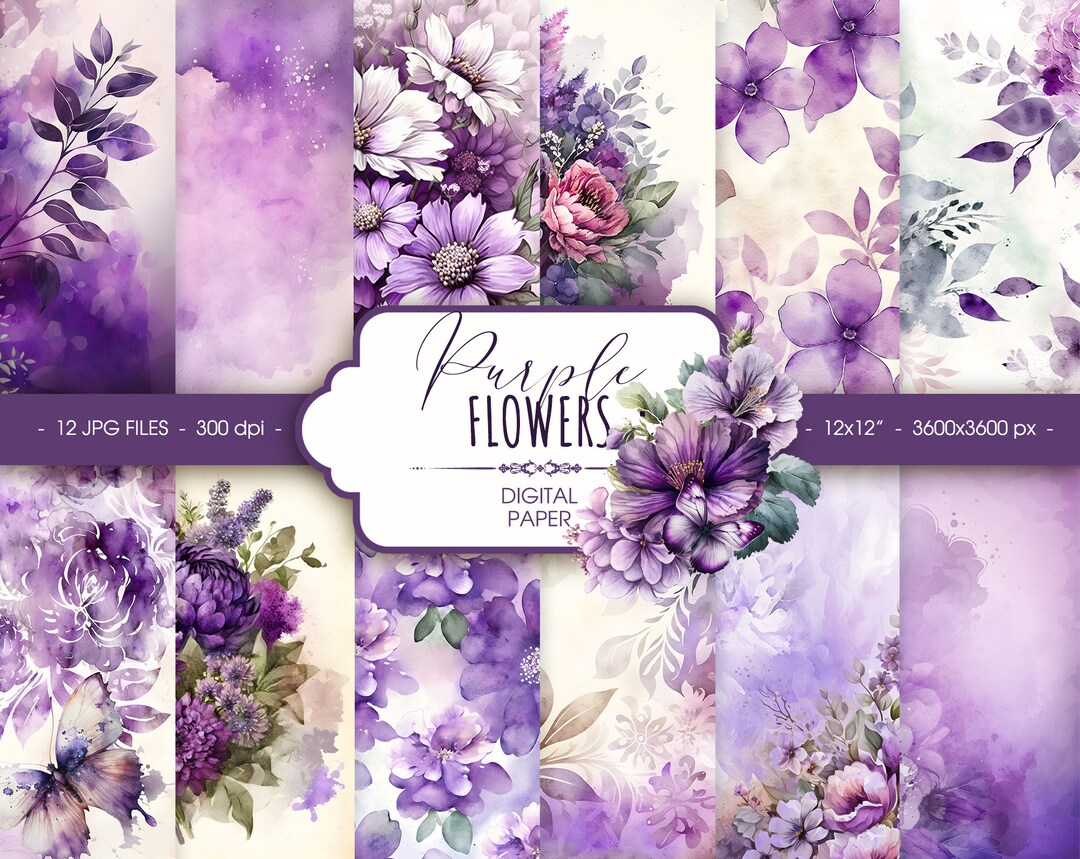 Purple Floral Digital Paper, Abstract Purple Flowers Watercolor Wedding ...