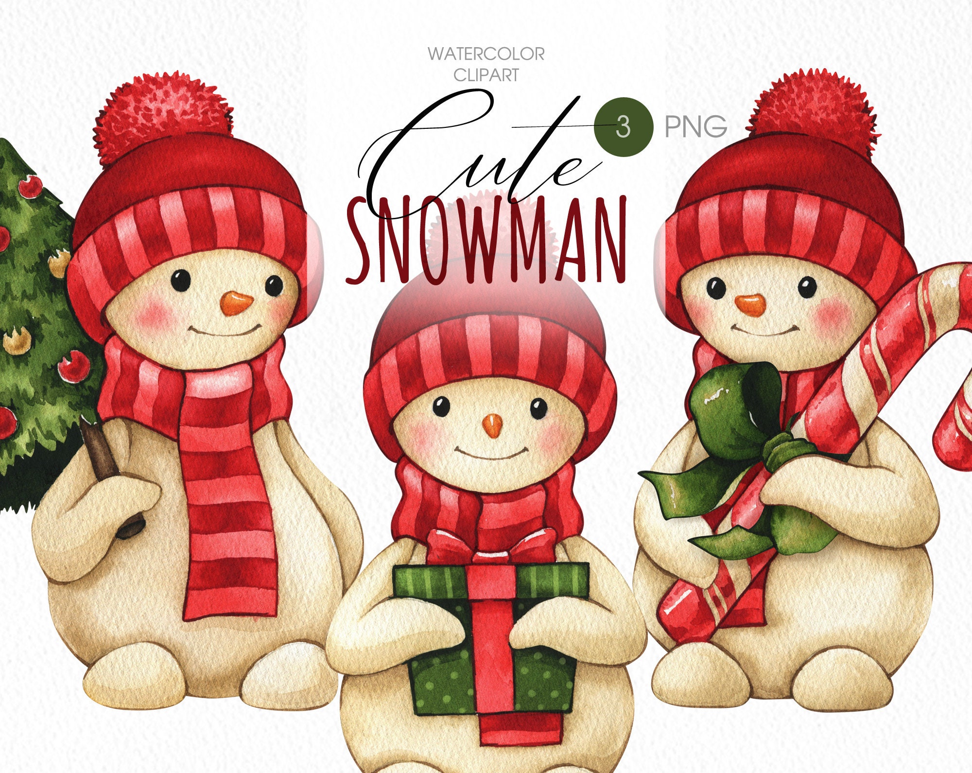 Cute Snowman PNG Clipart. Christmas Watercolor Clipart for - Etsy