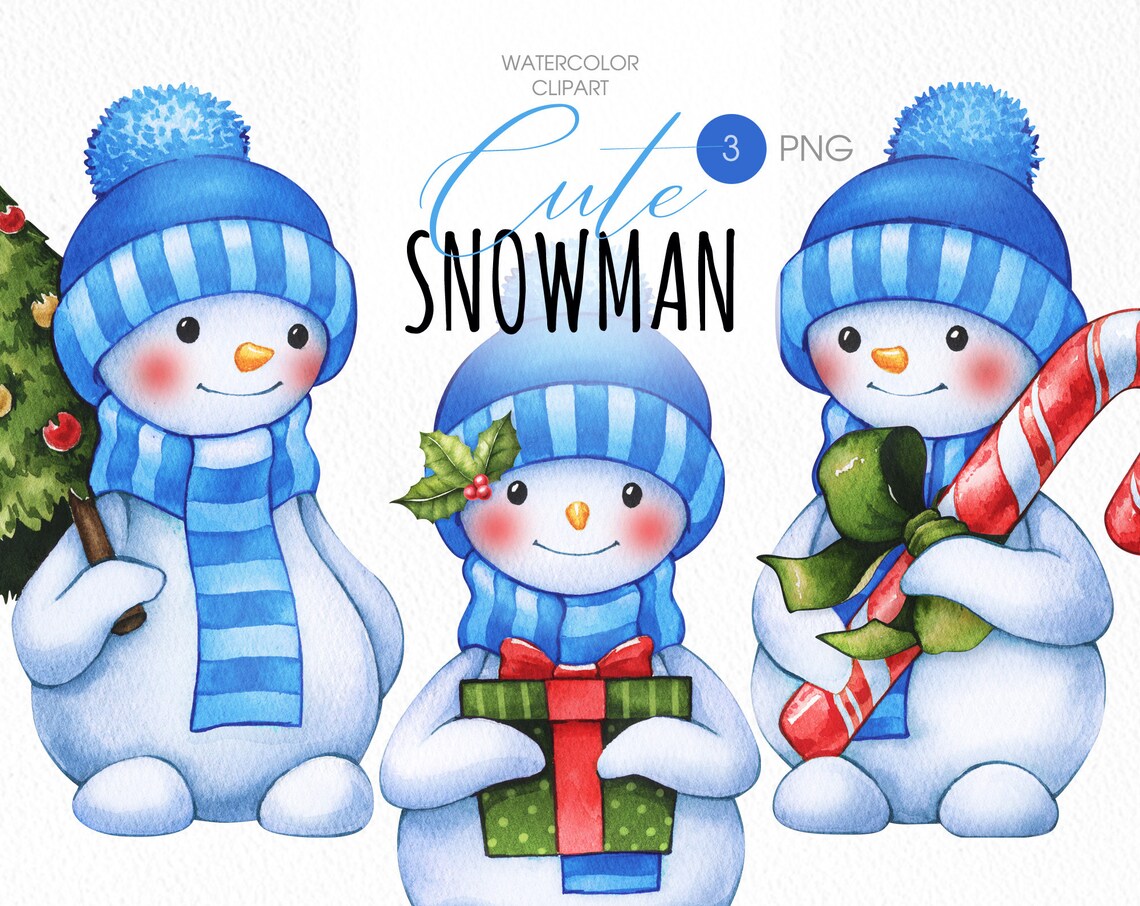Snowman PNG Clipart. Cute Christmas Watercolor Clipart for - Etsy