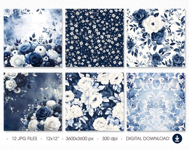 Navy Blue Floral Digital Paper: Watercolor Scrapbook Backgrounds (12x12 ...