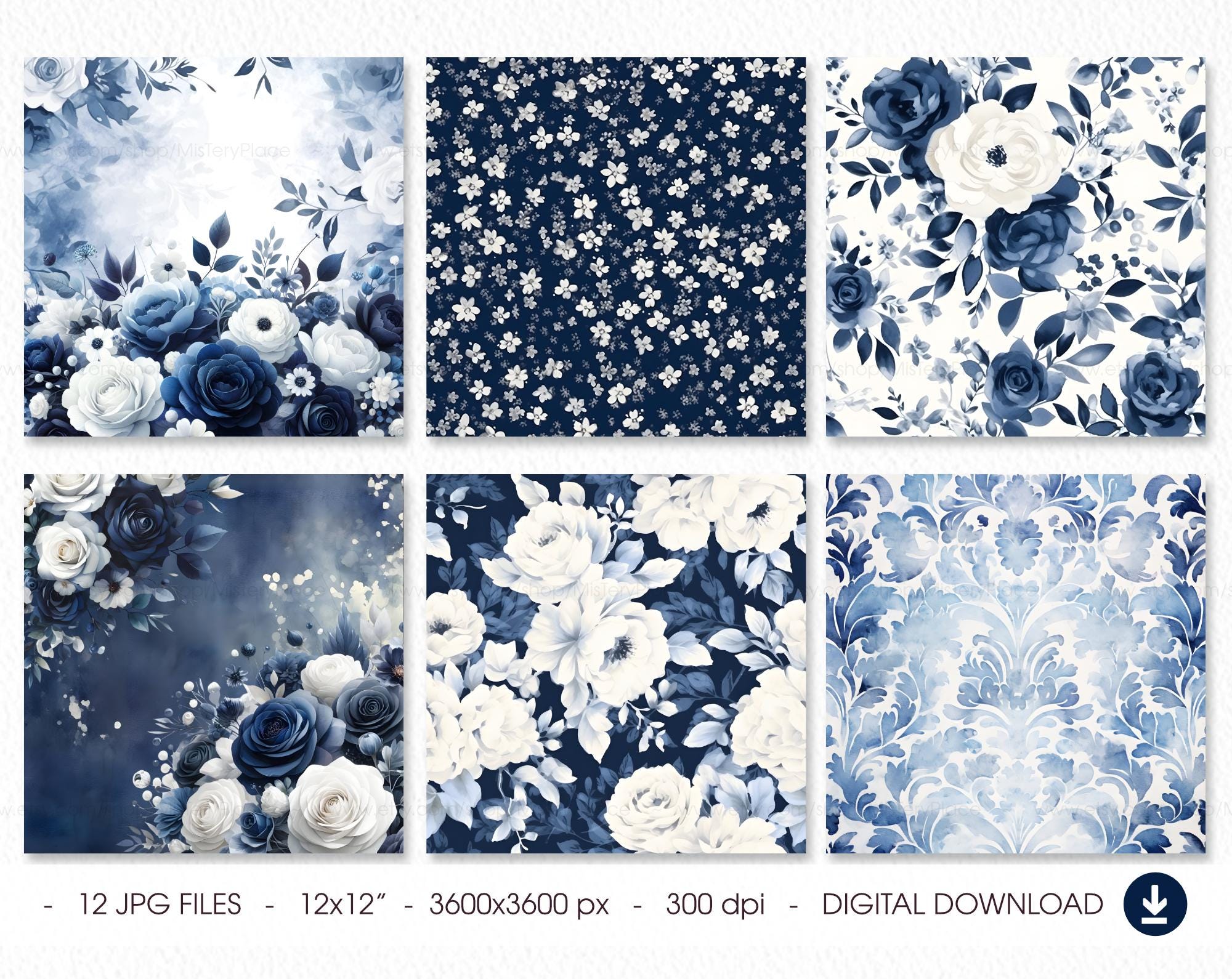 Navy Blue Floral Digital Paper: Watercolor Scrapbook Backgrounds (12x12 ...