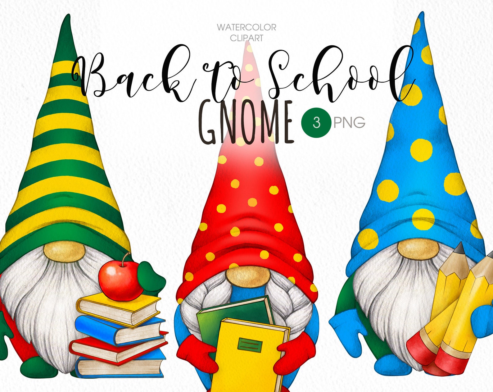 Back to School Gnome Watercolor Clipart (PNG) - Etsy