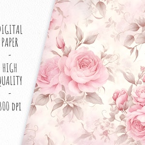 Pastel Pink Floral Digital Paper, Blush Rose Watercolor Scrapbook Paper ...