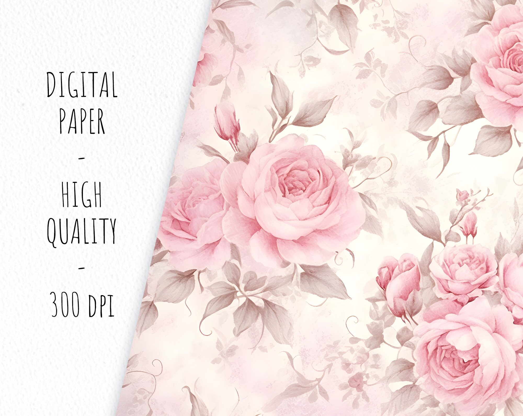 Pastel Pink Floral Digital Paper, Blush Rose Watercolor Scrapbook Paper ...