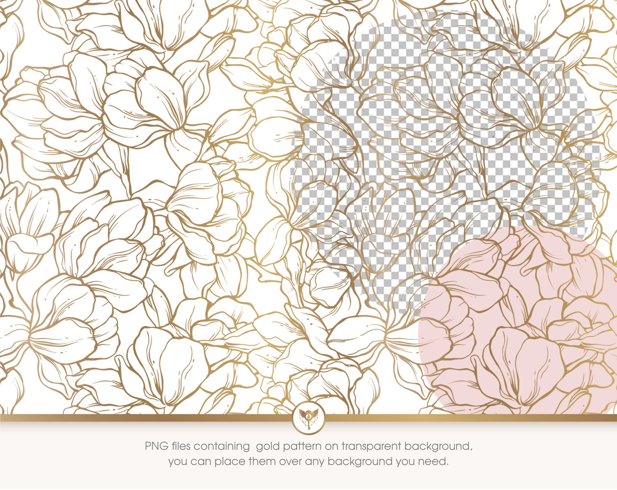 Gold Floral Digital Paper Pack. Line Art Magnolia Seamless - Etsy
