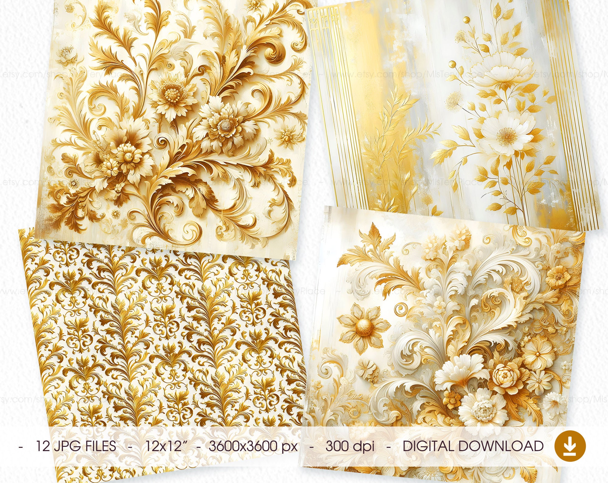 Victorian Gold Digital Paper, Shabby Chic Gold and White Damask ...