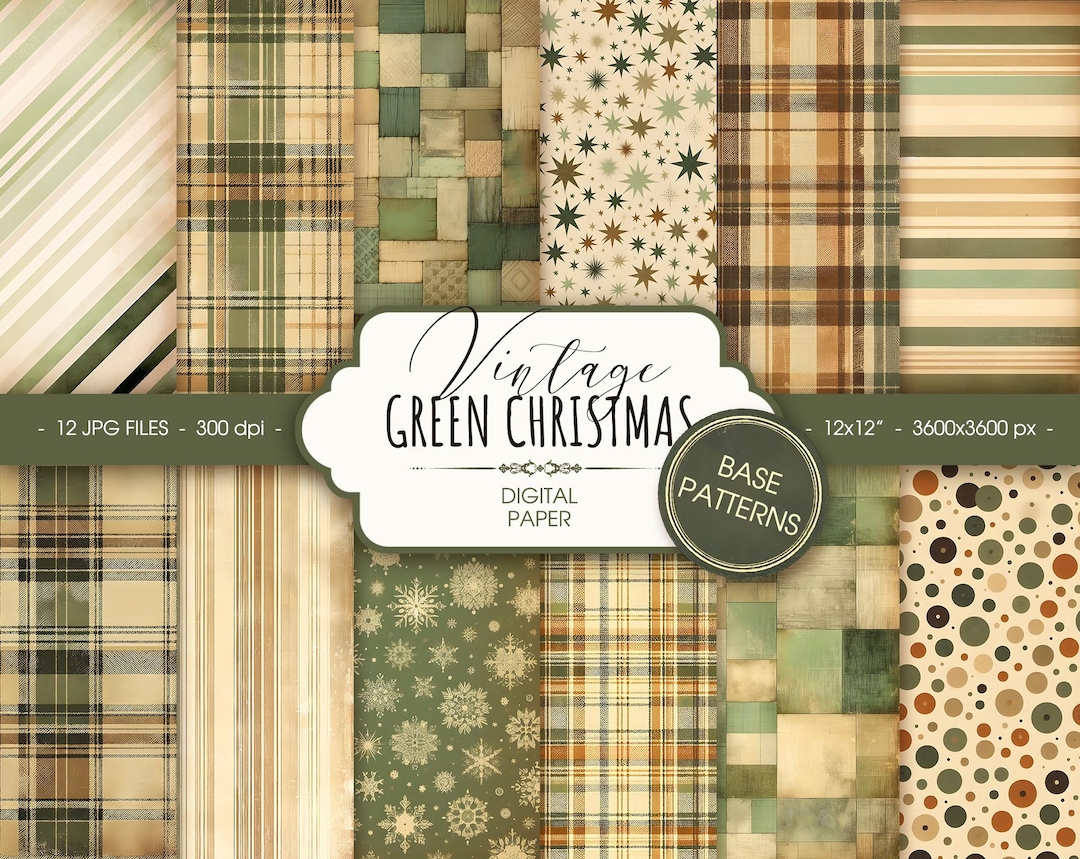 Vintage Christmas Patterns Digital Paper, Printable Rustic Green ...