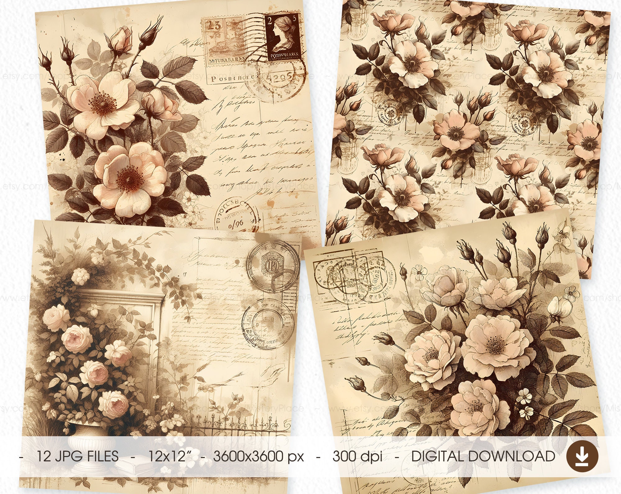 Vintage Rose Digital Paper, Retro Floral Sketch Scrapbook Paper, Grunge ...