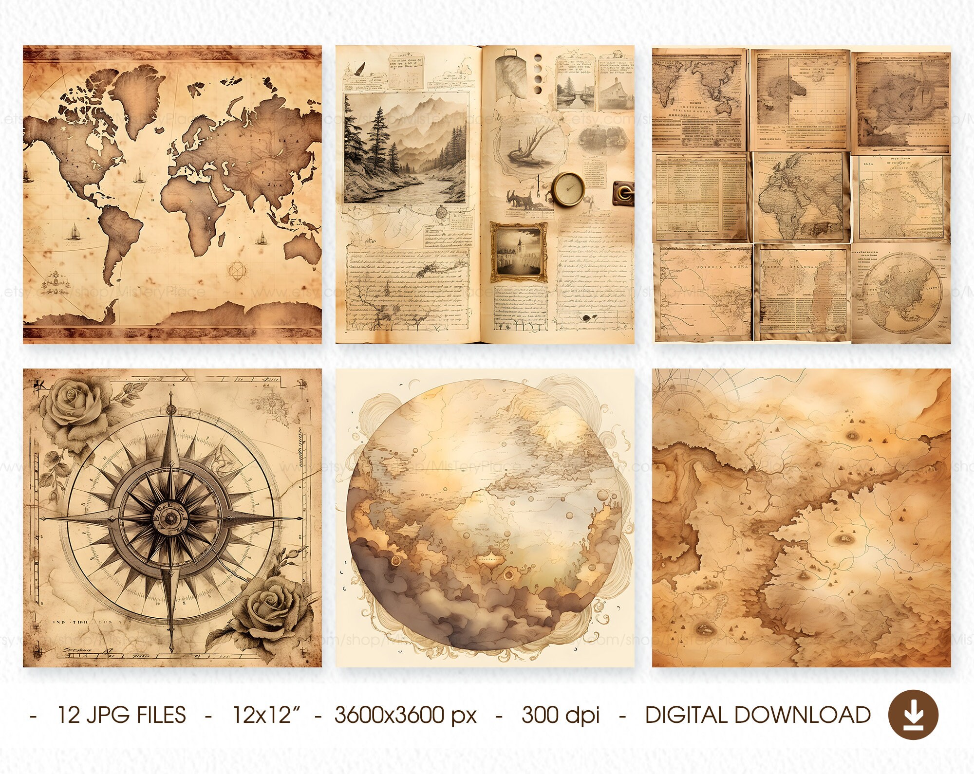 Vintage Map Digital Paper, Retro Adventure Scrapbook Paper, Grunge Word ...