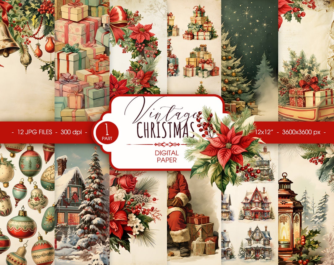 Vintage Christmas Digital Paper, Retro Christmas Scrapbook Paper ...