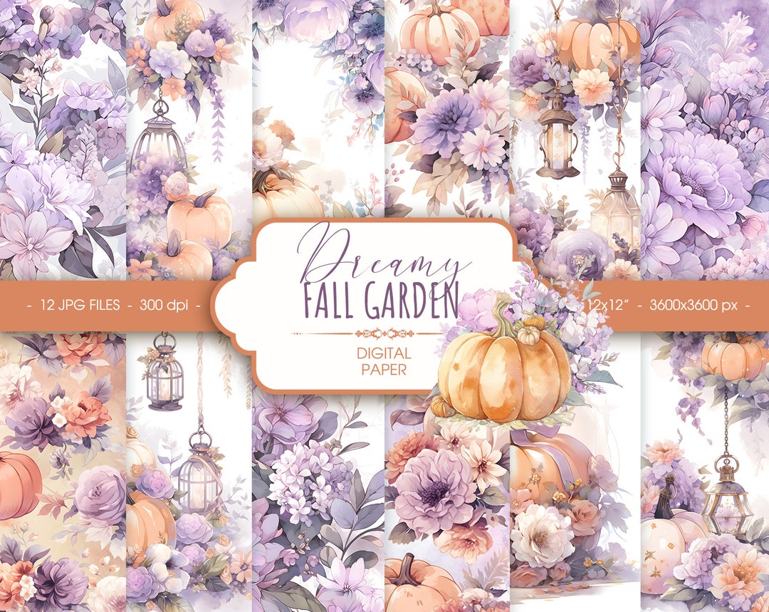 Pumpkin Digital Paper, Floral Autumn Scrapbook Paper, Watercolor ...