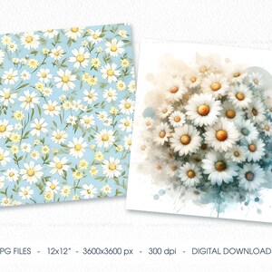Daisy Floral Digital Paper, Abstract Watercolor Daisies Flowers ...