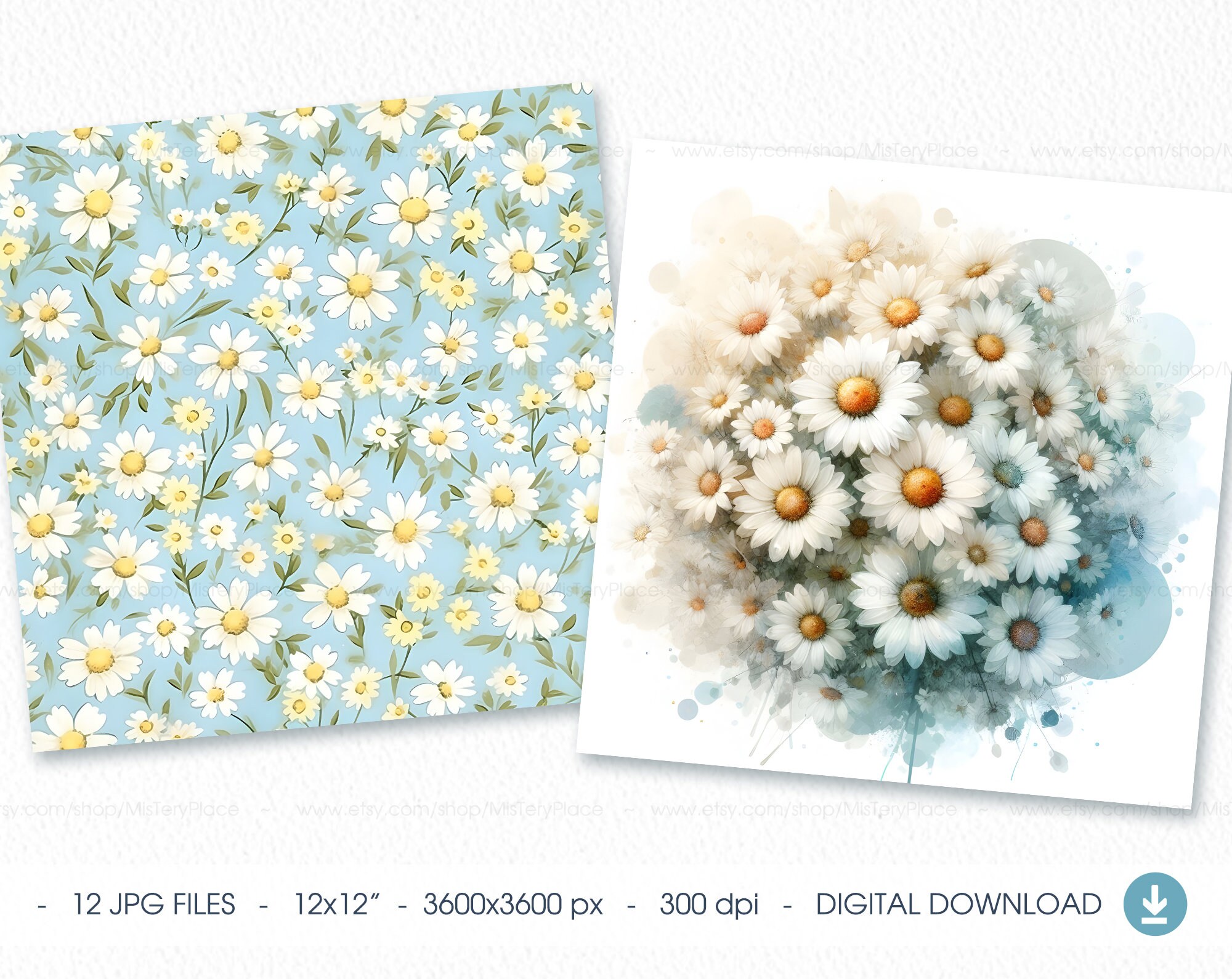 Daisy Floral Digital Paper, Abstract Watercolor Daisies Flowers ...